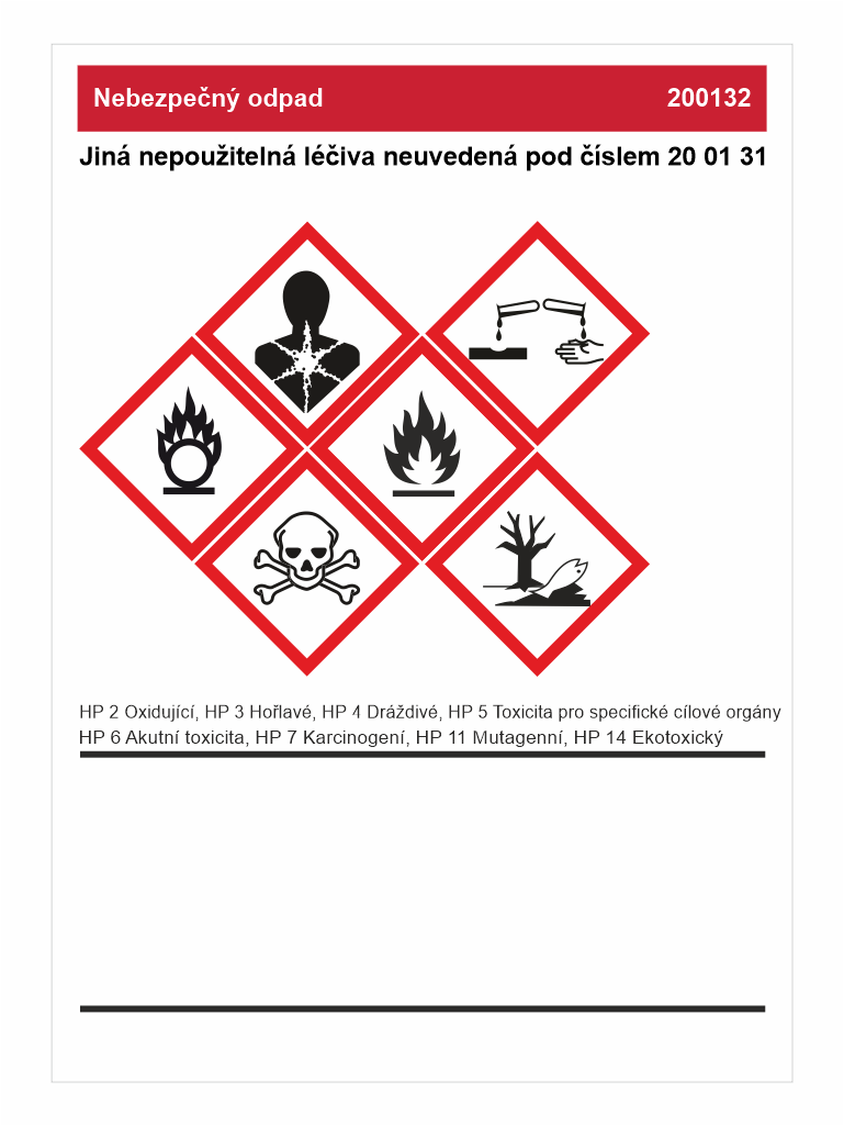Nebezpečný odpad 200121 Jiná nepoužitelná léčiva neuvedená pod číslem ...